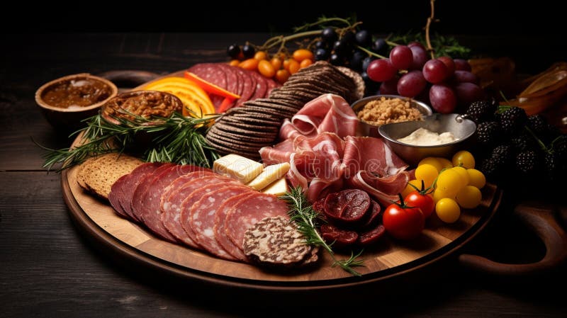 Cheese and Meat Platter with Nuts and Dried Fruits Stock Illustration ...