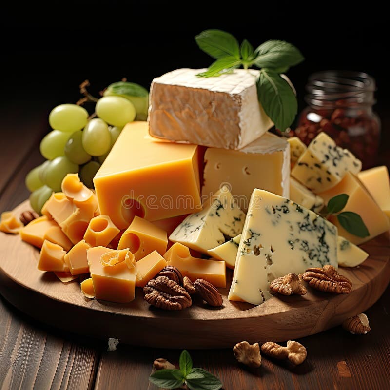 Cheese Mix on Wooden Plate Still-life. Ai Generative. Stock Image ...