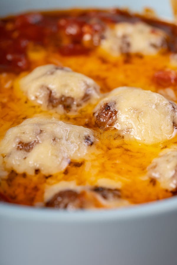 Cheese Overload Meatball in Tomato Sauce Stock Image - Image of garlic ...