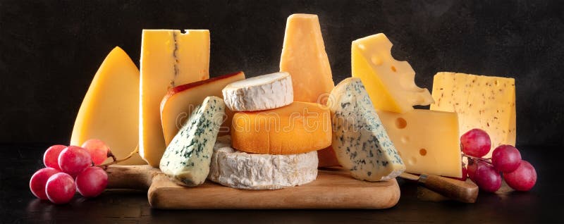 Cheese Panorama with Various Types of Cheeses, Side View Stock Photo ...