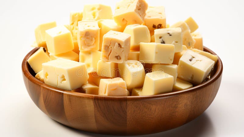 Cheese Pieces in a Wood Bowl on White Background Stock Illustration ...