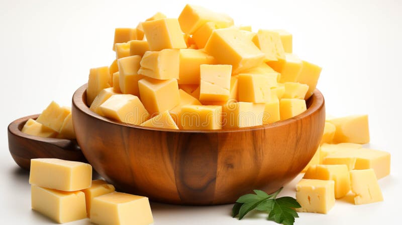 Cheese Pieces in a Wood Bowl on White Background Stock Image - Image of ...
