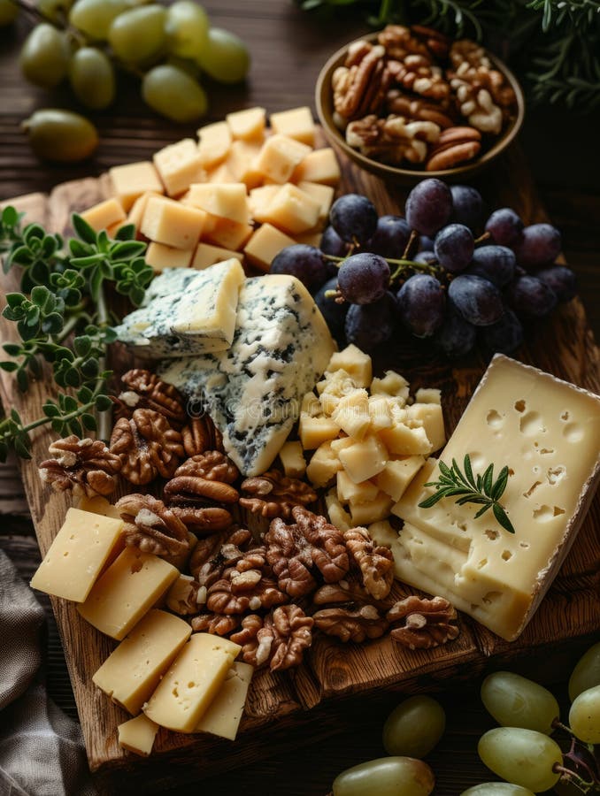 A Cheese Platter with Assorted Cheeses, Nuts, and Grapes. Stock Photo ...