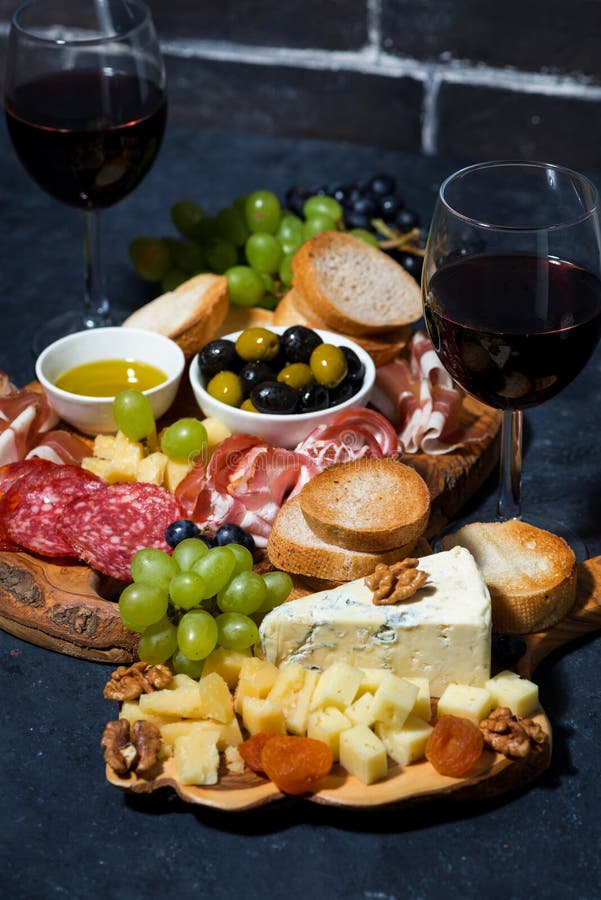 Cheese Platter, Bread, Fruit and Cold Cuts To Wine, Vertical Closeup ...