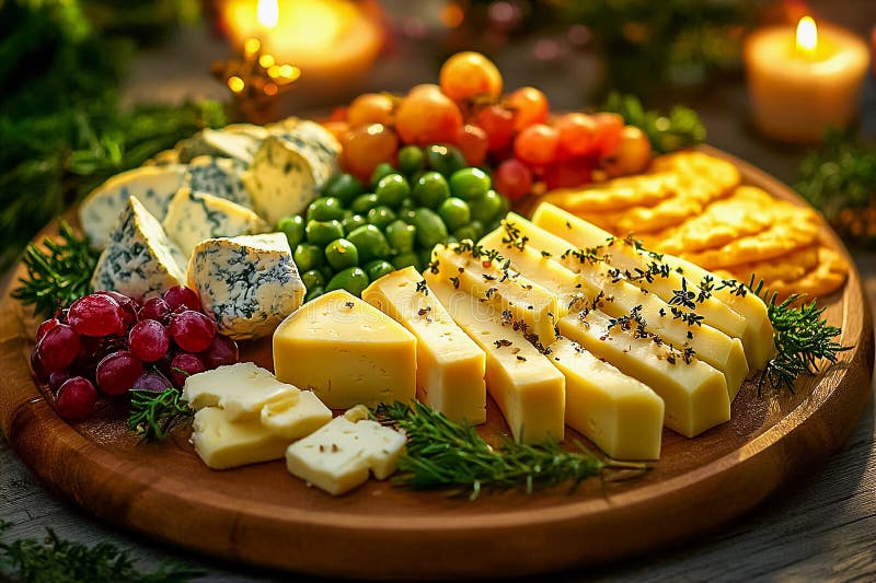 Cheese Platter with Different Cheese and Nuts, Olive, Figs. View from ...