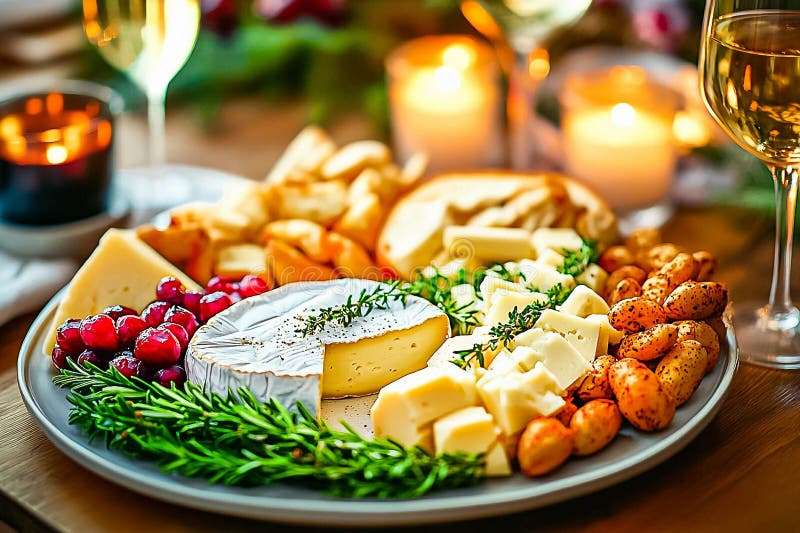 Cheese Platter with Different Cheese and Nuts, Olive, Figs. View from ...