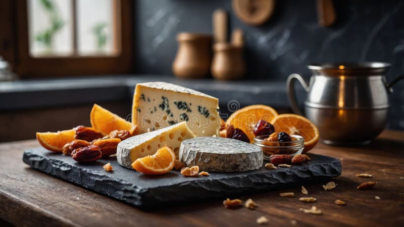A Cheese Platter Featuring Various Cheeses, Dried Fruits, and Nuts, Set ...