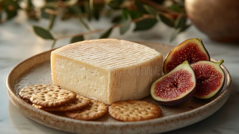 Cheese Platter with Figs and Crackers on a Wooden Table. Stock Photo ...