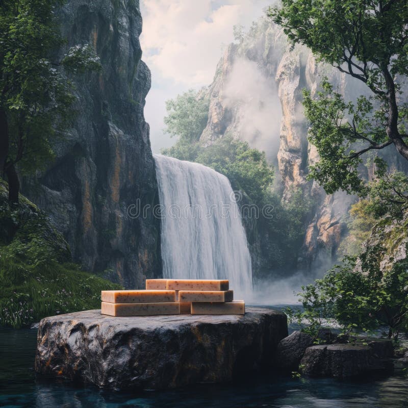 Cheese Platter on Rock by Waterfall in Serene Forest Setting with Lush ...