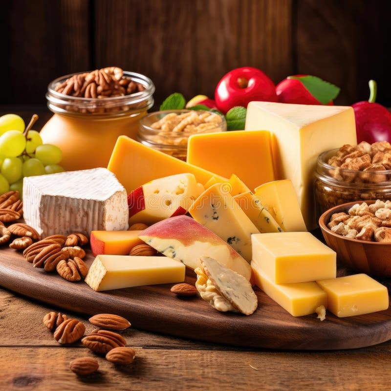 Cheese Platter with Various Types of Cheese, Nuts, and Fruits Stock ...