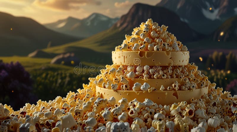 Cheese and Popcorn Pyramid in Surreal Landscape Stock Illustration ...