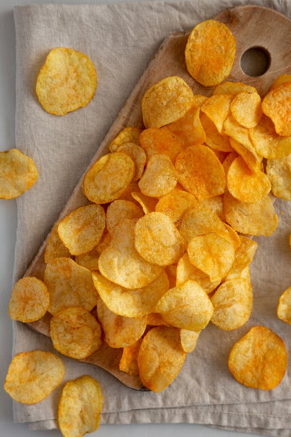 Cheese Potato Chips on a Wooden Board, Top View Stock Image - Image of ...