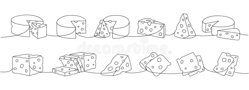 Cheese Set One Line Colored Continuous Drawing. Different Types of ...