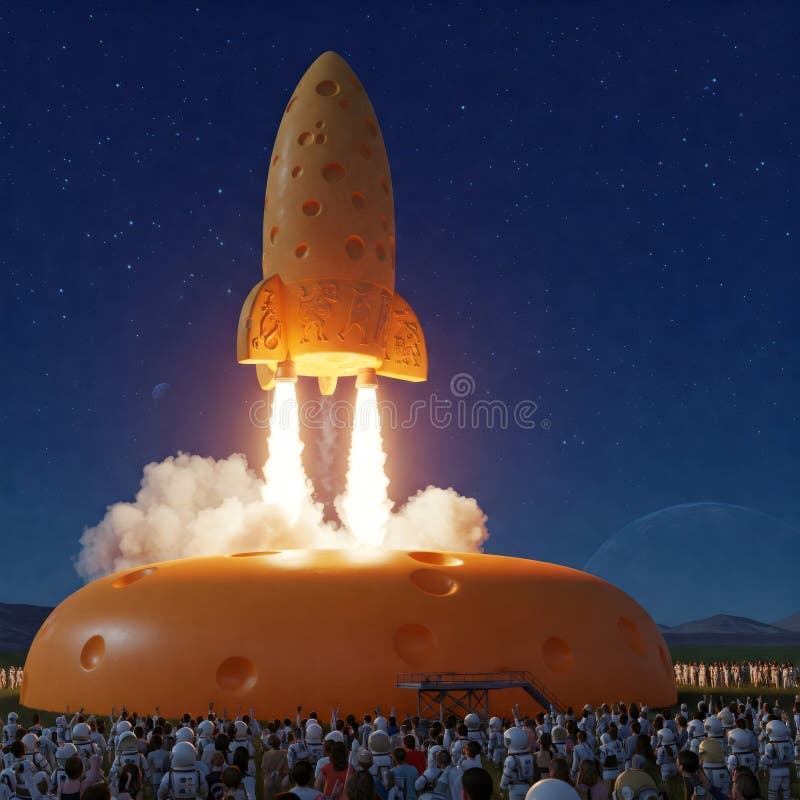 Cheese Rocket Launching from Giant Cheese Slice Watched by Crowd at ...