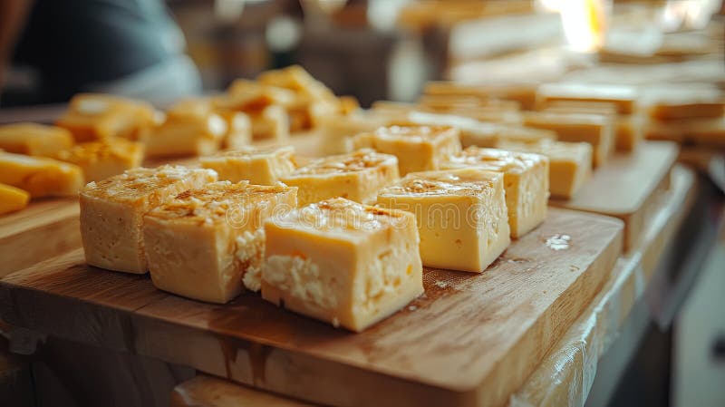 Cheese Samples on Wooden Board at Local Market. Stock Image - Image of ...