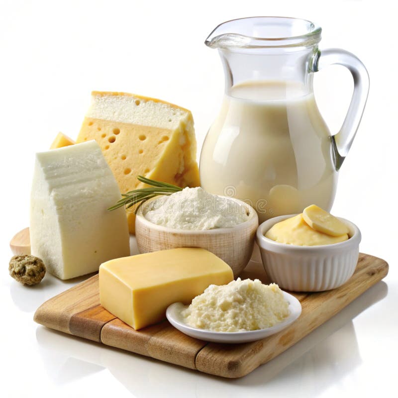 Cheese Set with Curd Milk, Jug of Milk, and Different Types of Cheese ...