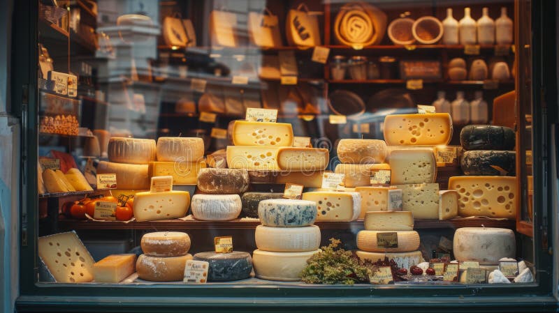 A Cheese Shop Window Filled with a Variety of Cheeses. the Display ...