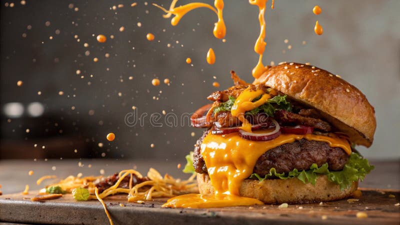 Cheese Splash Dripping Over Gourmet Burger with Sesame Bun and Cheddar ...