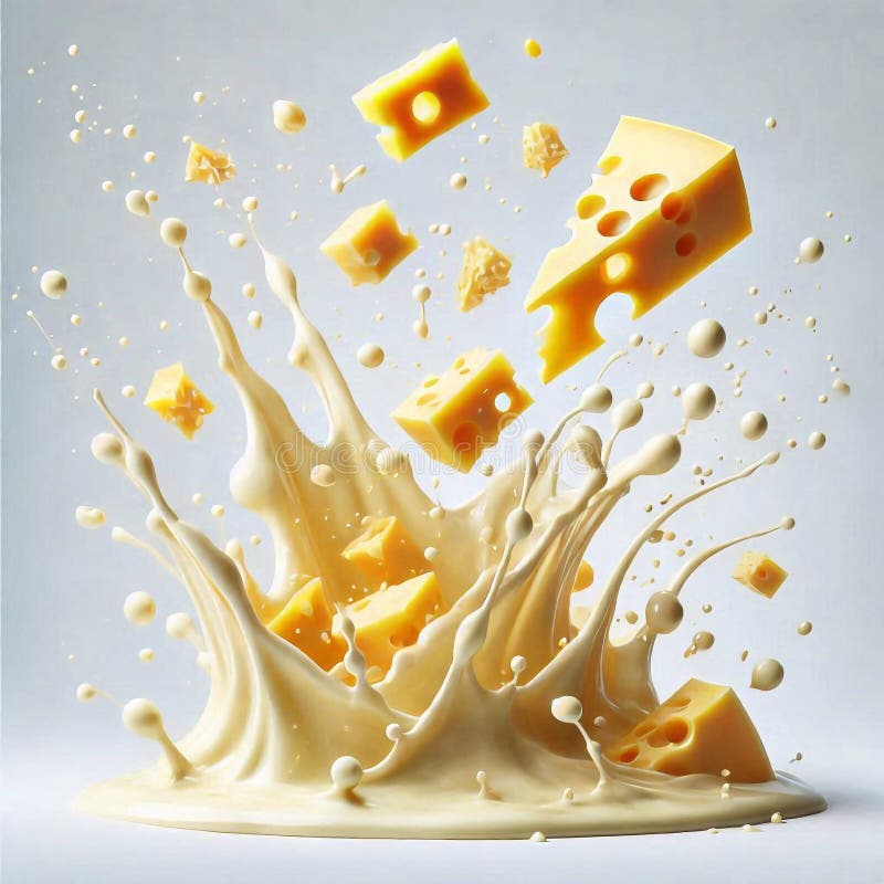Cheese Splash Explosion with Melting Swiss Cheese Chunks in Dairy ...