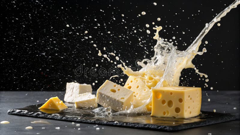 Cheese Splash with High-Speed Motion on Black Background Stock Photo ...