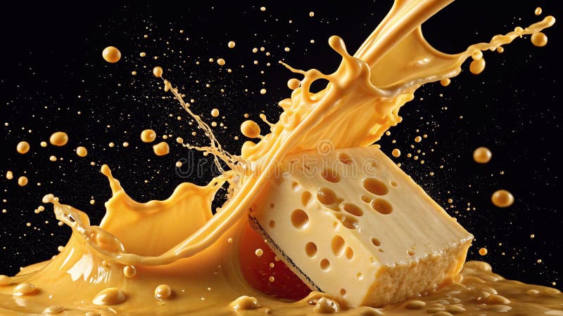Cheese Splash with Melting Swiss Cheese on Black Background ...