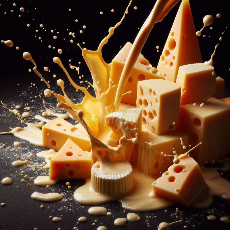 Cheese Splash with Various Cheese Cubes and Melted Sauce. Illustration ...