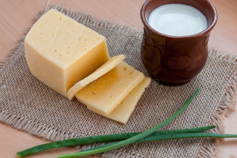 Cheese, Spring Onion and Fresh Milk on the Table Stock Image - Image of ...