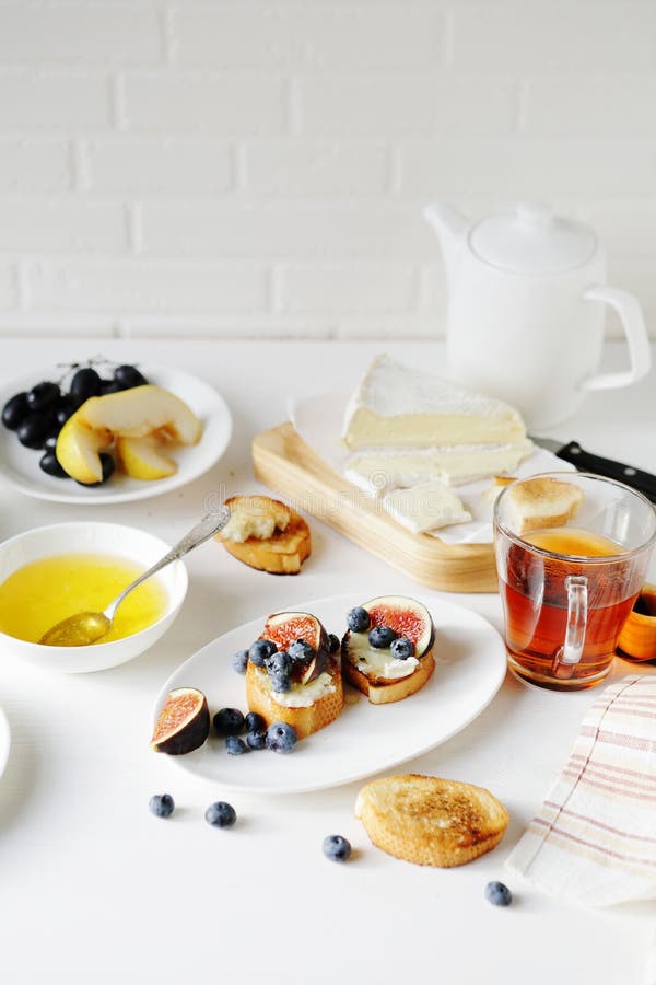 Cheese Toasts and Tea for Breakfast Stock Image - Image of grape, food ...