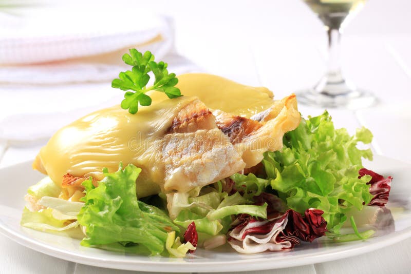 Cheese Topped Fish Fillets with Salad Stock Photo - Image of pollock ...