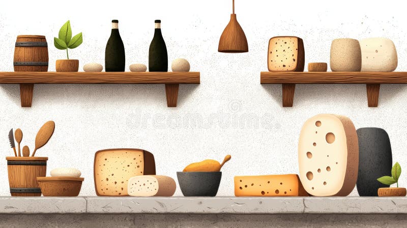 Cheese Variety on a Rustic Kitchen Shelf Stock Illustration ...