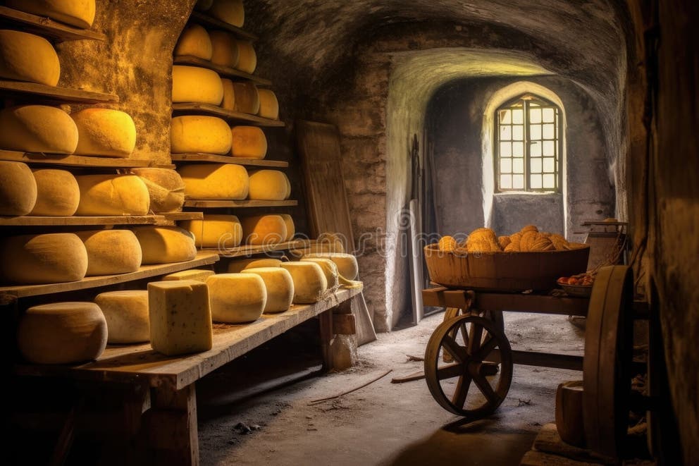 Cheese Wheel Aging in a Traditional Cellar Stock Illustration ...