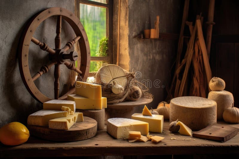 Cheese Wheel Cut into Wedges on Rustic Table Stock Illustration ...