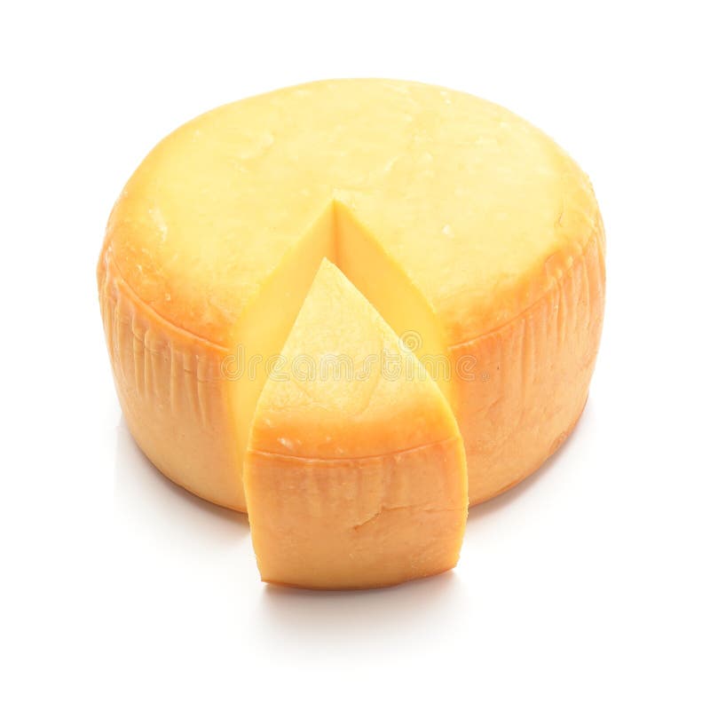 Cheese Wheel with a Piece of Cheese on a White Background. Stock Photo ...