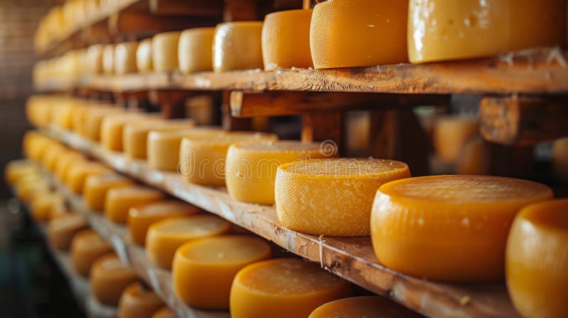 Cheese Wheels Aging on Wooden Shelves in a Cheese Cellar Stock Image ...