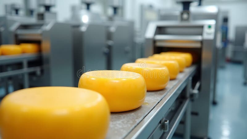 Cheese Wheels on Assembly Line Towards Slicer in Pristine Industrial ...
