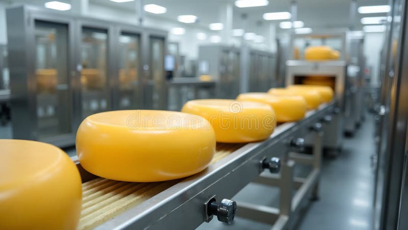 Cheese Wheels on Assembly Line Towards Slicer in Pristine Industrial ...