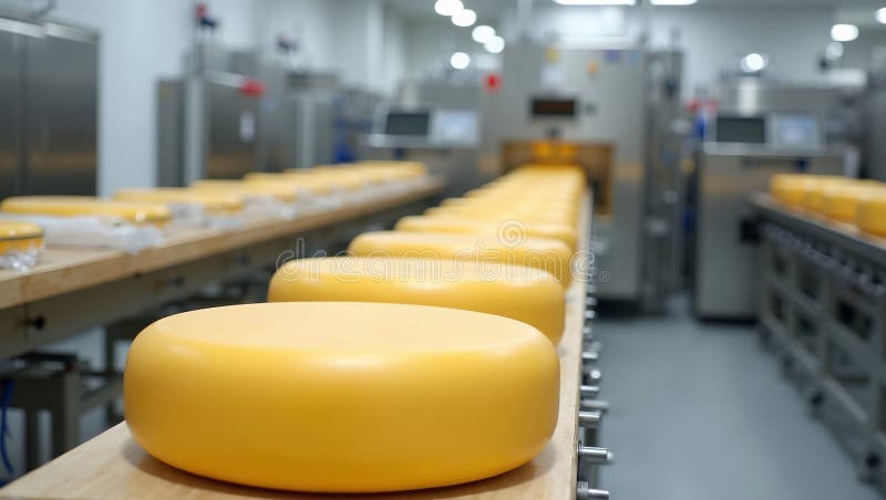 Cheese Wheels on Assembly Line Towards Slicer in Pristine Industrial ...