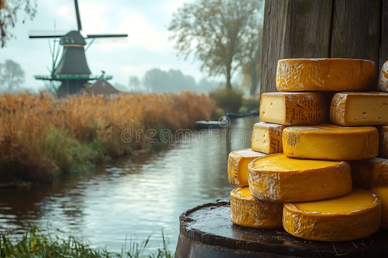 Cheese Wheels in Front of a Dutch Windmill Stock Illustration ...