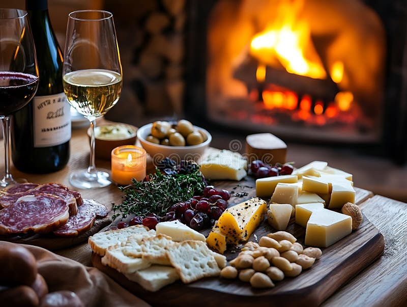 A Cheese and Wine Board with a Fireplace Background Stock Illustration ...
