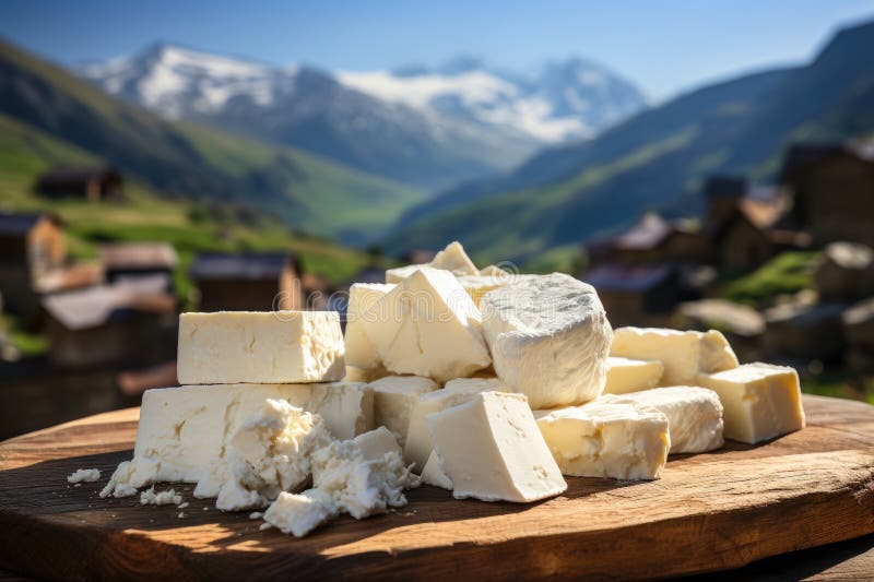 Cheese on a Wooden Table on the Background of Mountains Stock Photo ...