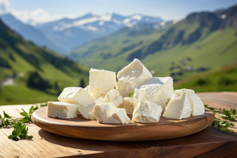 Cheese on a Wooden Table on the Background of Mountains Stock Photo ...