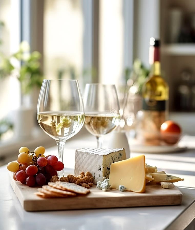 Cheeseboard with Assorted Cheese Near Two Wineglasses and Bottle on ...