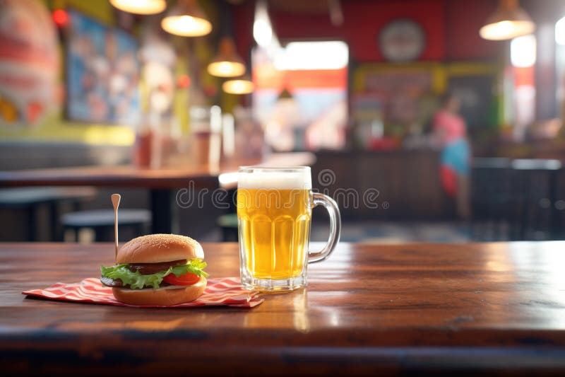 Cheeseburger, Beer Glass Aside, Pub Atmosphere Stock Image - Image of ...