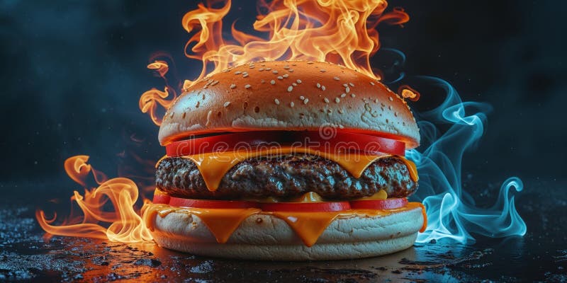 Cheeseburger with Blue Orange Flames and Dark Background Food Art ...