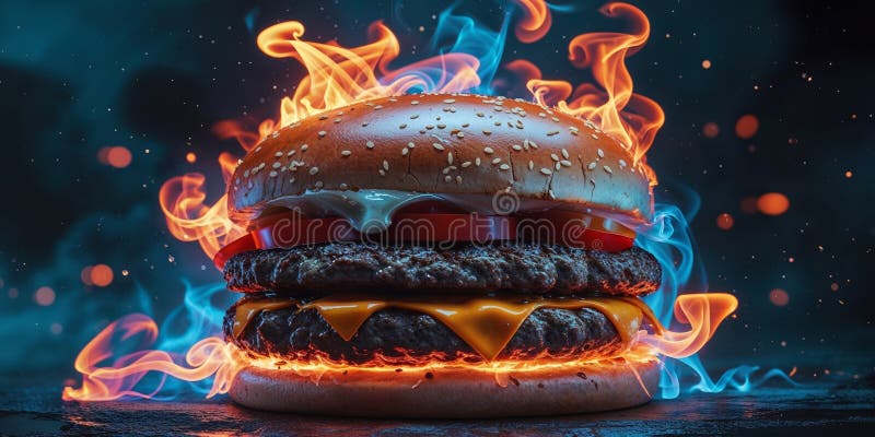 Cheeseburger with Blue Orange Flames and Dark Background Food Art Stock ...