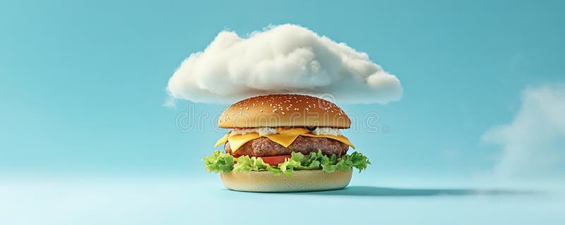 Cheeseburger with Cloud on Blue Background, Surreal Concept Stock Image ...