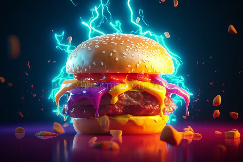 Cheeseburger Dynamic View in Neon Disco Lights and Lightnings, Tasty ...