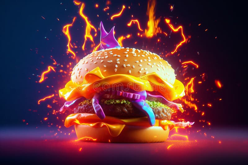Cheeseburger Dynamic View in Neon Disco Lights and Lightnings, Tasty ...