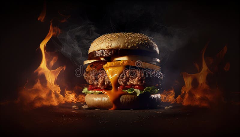 A Cheeseburger on Fire with a Black Background Stock Photo - Image of ...