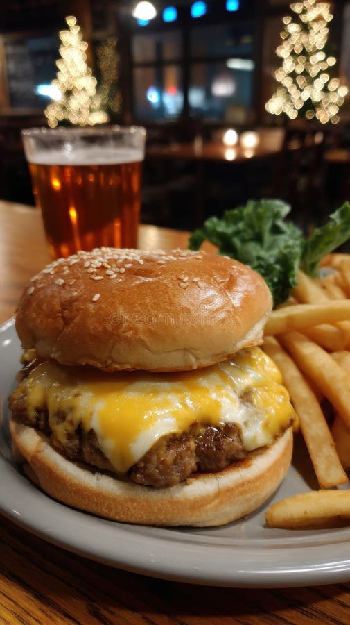Cheeseburger with Fries and Beer on a Table at Restaurant in the ...